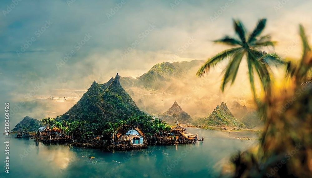 Tropical landscape. Sunrise over island in the ocean, printable ...