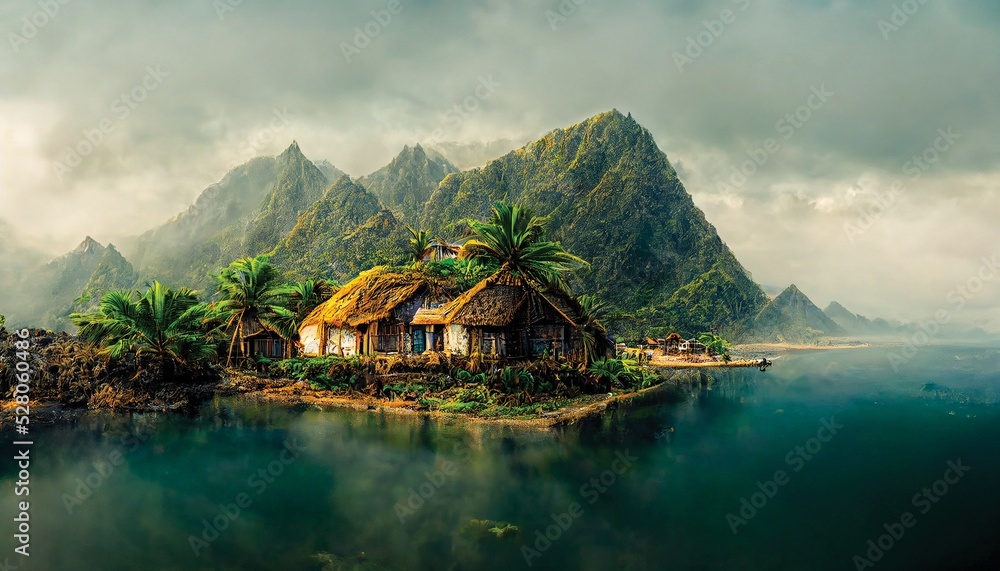 Exotic landscape of a tropical island with a hut, printable wallpaper ...