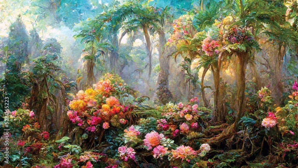 Rainforest painting with colorful blooming flowers, printable wall art ...