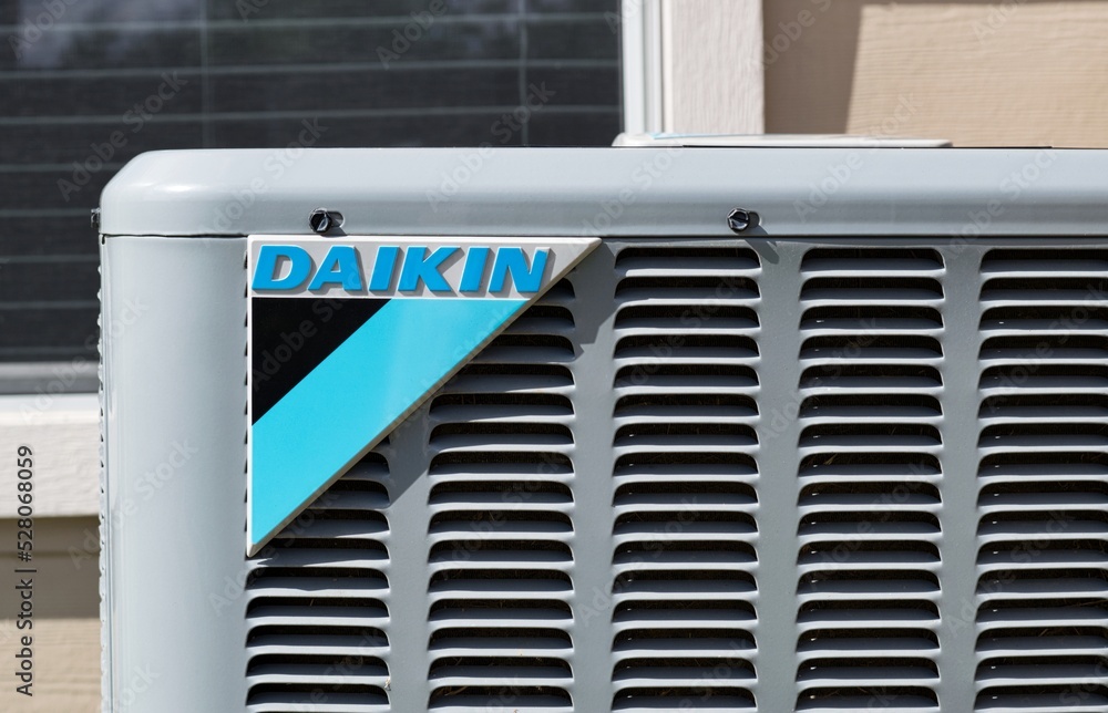 Daikin air conditioner unit, corner view at eye level with logo and ...