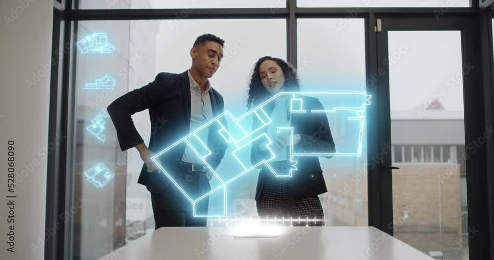 Graphic blueprint, architecture teamwork and virtual reality floor plan ...