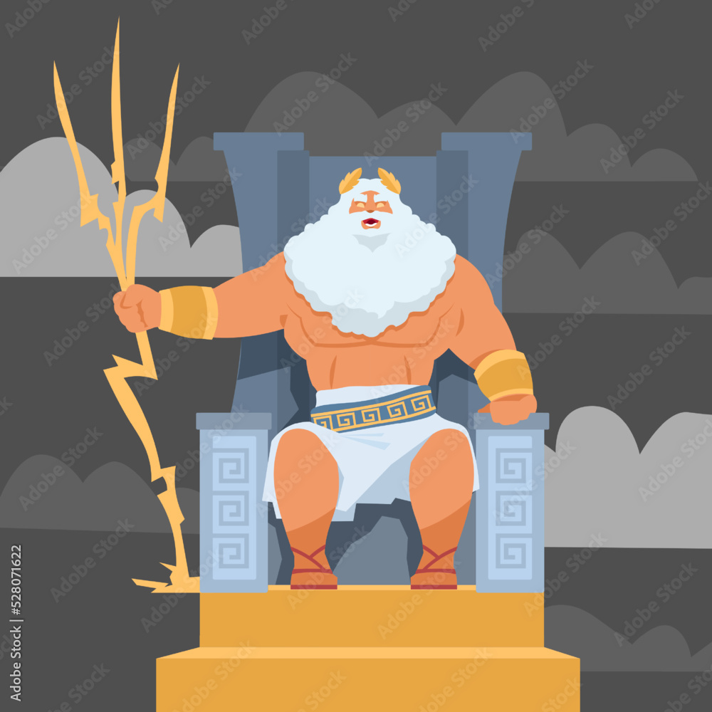 Cartoon Greek God Zeus With Lightning Trident Muscular Divine Man Sitting On Throne Olympus