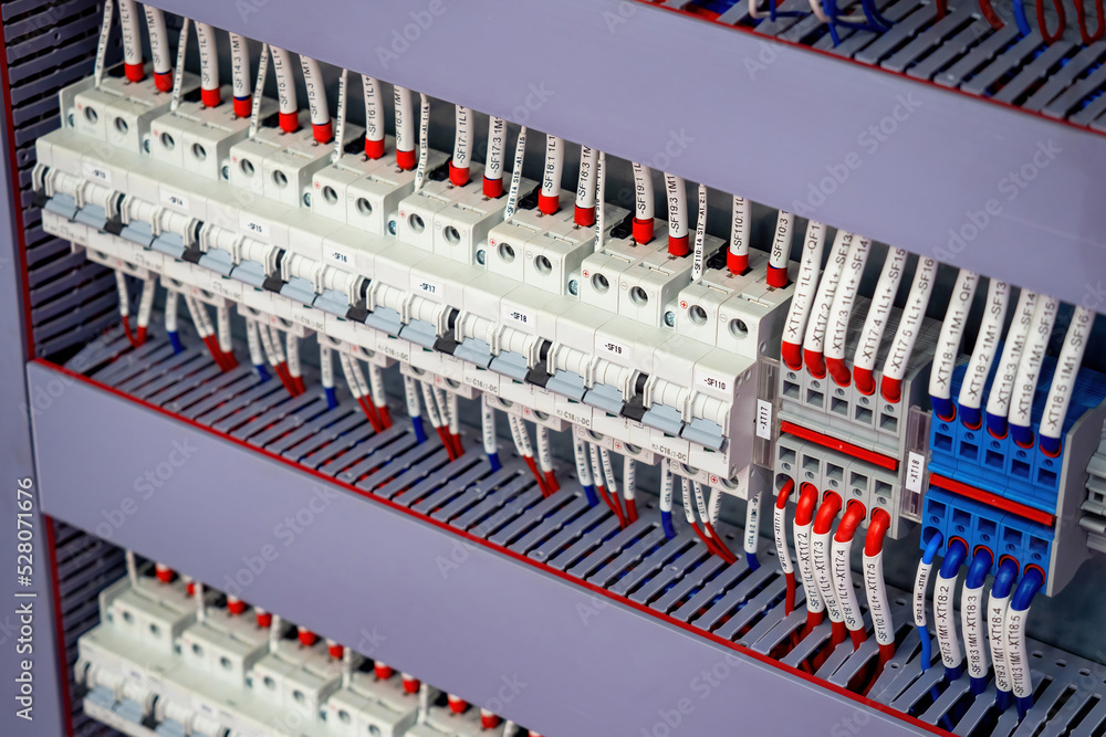 Voltage switchboard with circuit breakers. Electric equipment. White ...