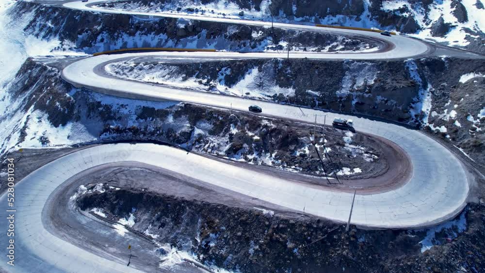 Highway road with scenic curves winding road at Andes Mountains. Los ...