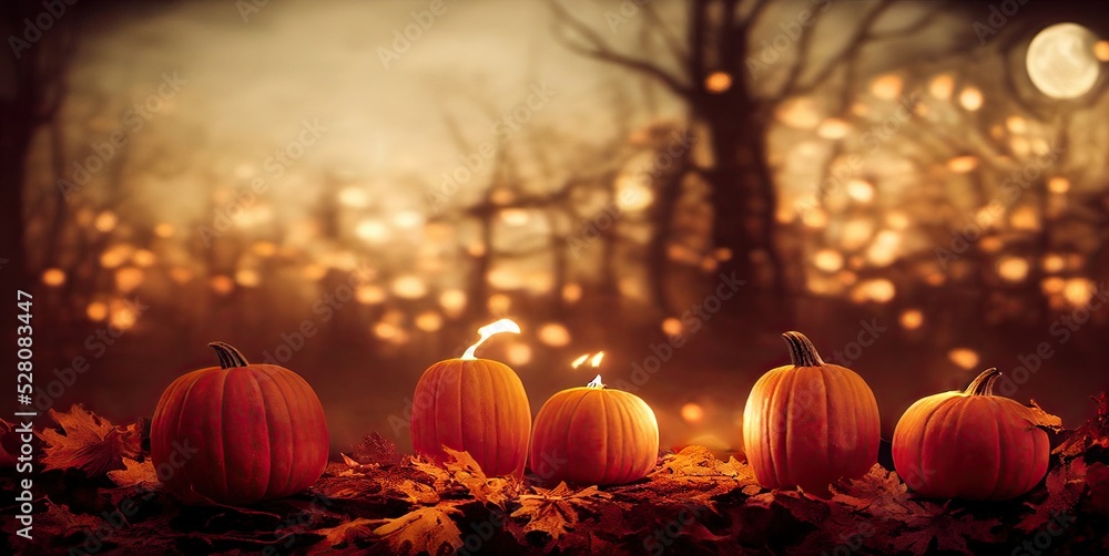 Halloween spooky background, pumpkins scene. Scary creepy forest in ...