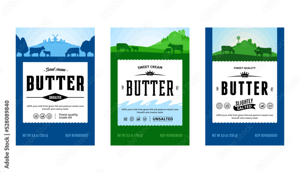Vector butter logo. Sweet cream butter labels with cows, calves and ...