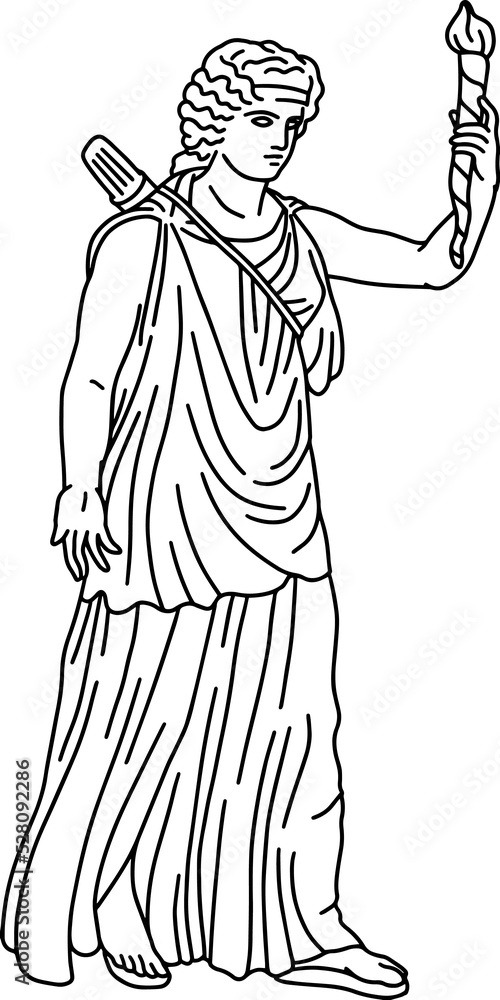 Illustration of antique statue of standing woman with torch. Line ...