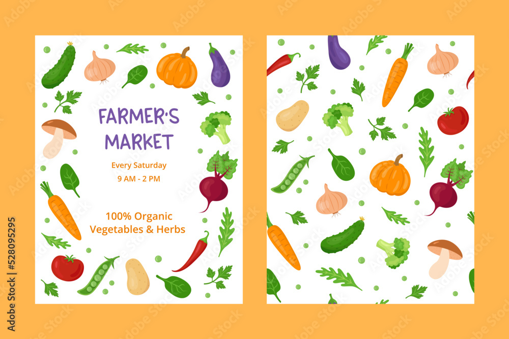 Farmers market poster and pattern designs with different organic and ...