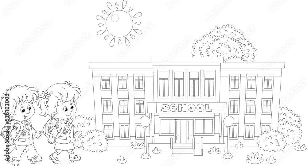 Happily smiling schoolchildren with schoolbags going to their school on ...