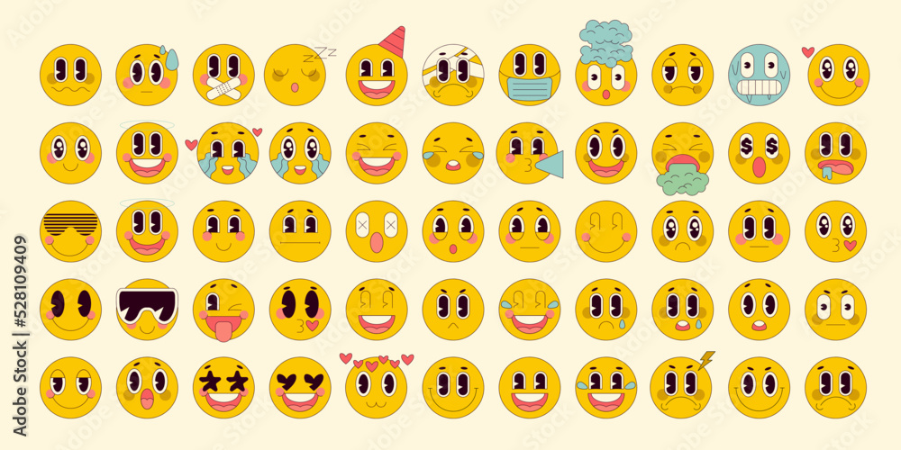 Cartoon retro emoji set in linear style. Vintage icons sticker label in ...