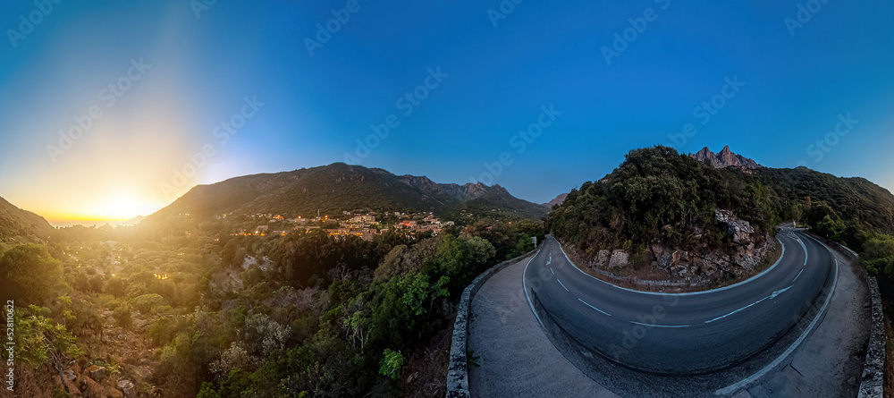 Aerial drone view of the Piana Badlands of Corsica on the D81 route at ...