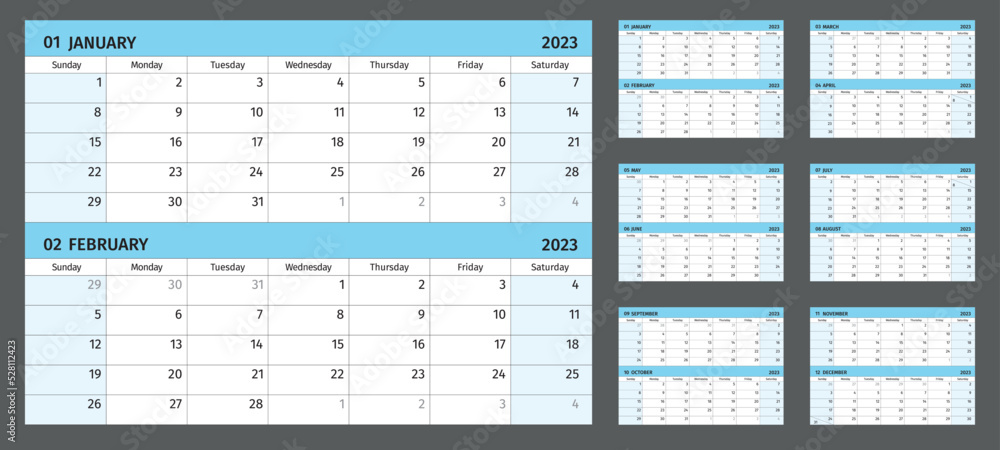 Horizontal calendar for 2023 years, 2 months on 1 page. Simple calendar ...