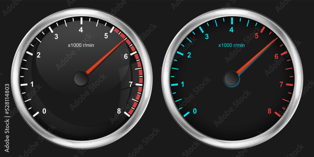 Realistic tachometer. Realistic glossy rounded buttons with tachometer ...