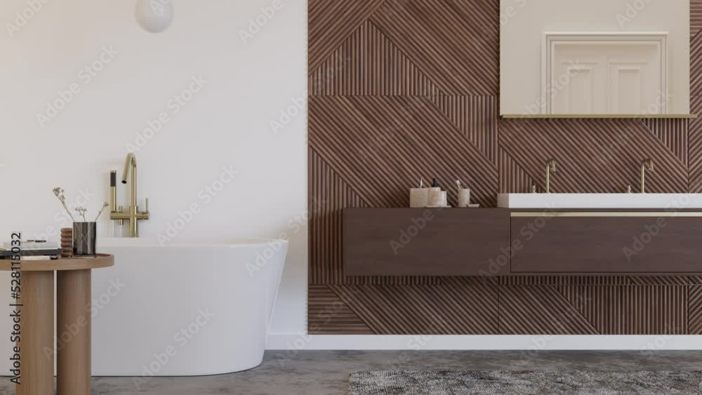 Beautiful, light and modern bathroom. White colour and wooden texture ...