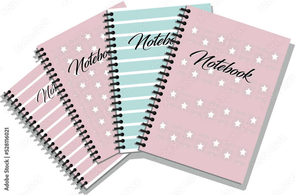 A group of school notebooks in pastel colors, some of them carry white ...