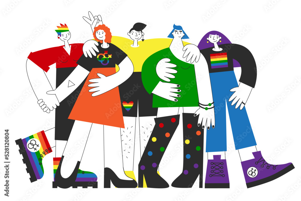 Group of gay women with rainbow flag, lgbtq symbols. Homosexual queer ...