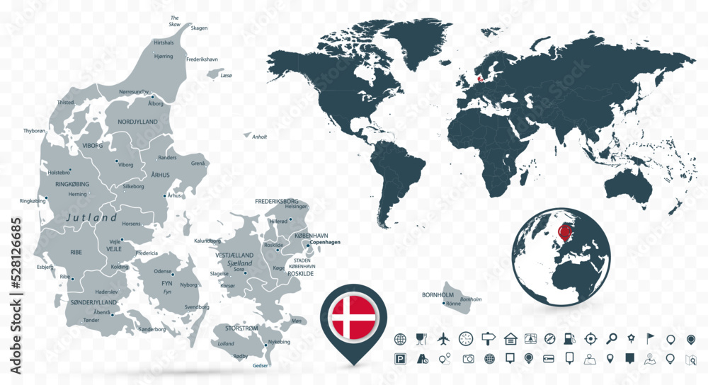 Denmark Map and World Map isolated on transparent background Stock ...