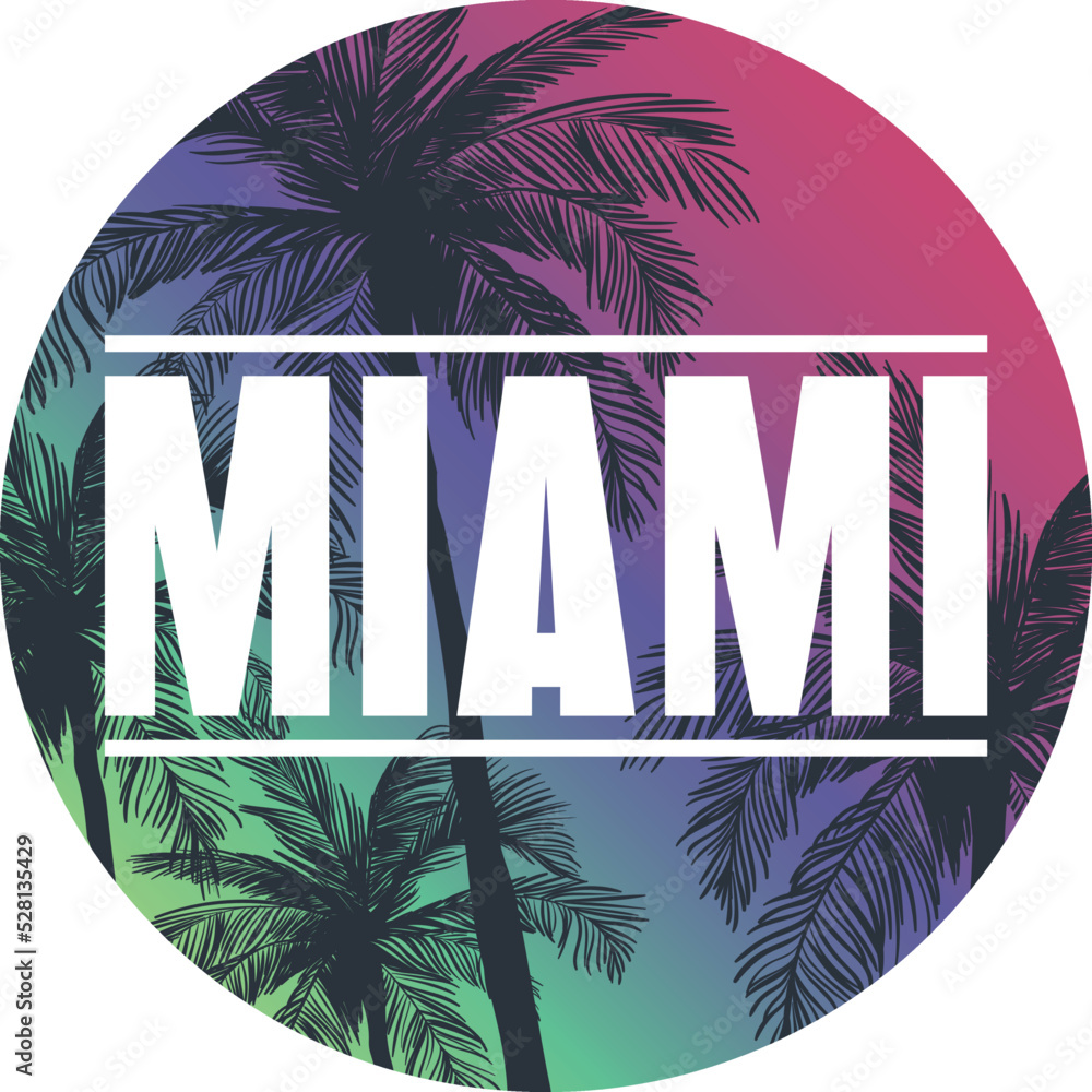 Miami typography Drawing of palm tree silhouettes with the colored ...
