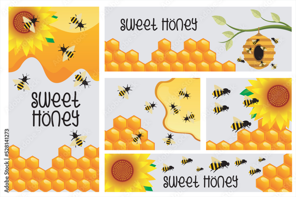 Honey bee template banner with honeycomb background. Useful for health ...