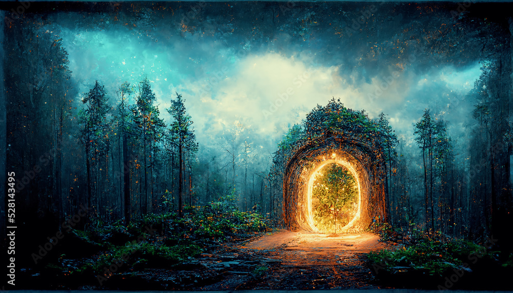 Spectacular fantasy scene with a portal archway covered in creepers. In ...