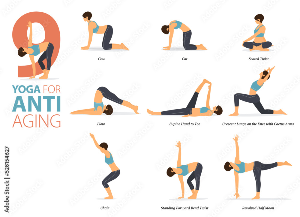 9 Yoga poses or asana posture for workout in anti aging concept. Women ...