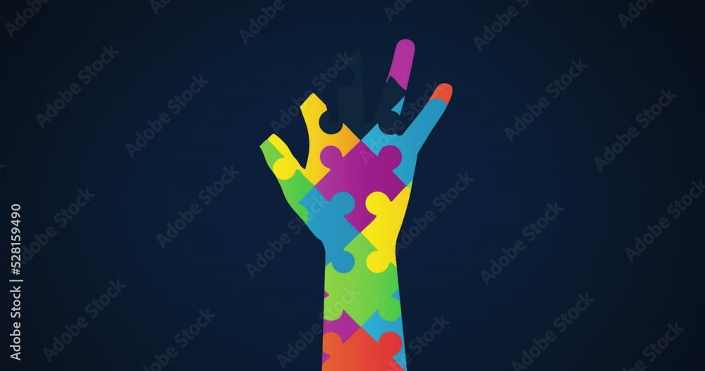 Animation of multi coloured puzzle elements forming hand, symbol of ...