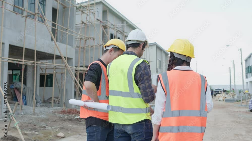 Back view of Civil engineer or architect and foreman, colleague stand ...