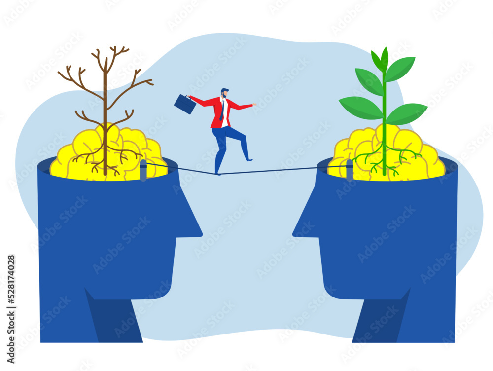 Businessman crossing over big head on tiny rope ,Overcoming fixed ...