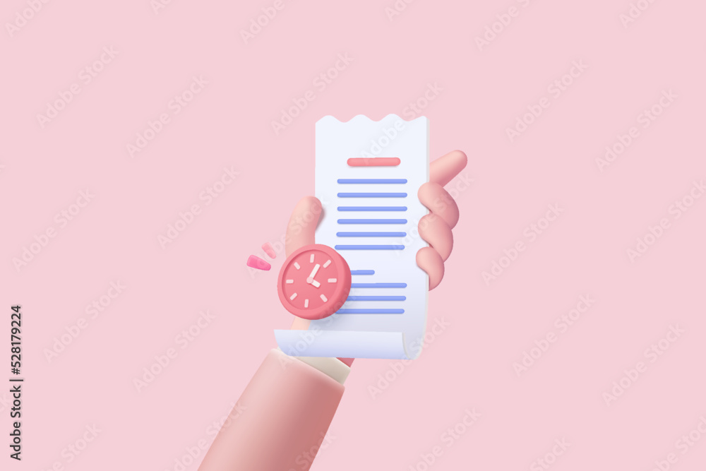 3D hand holding invoice transaction for payment with clock alert ...
