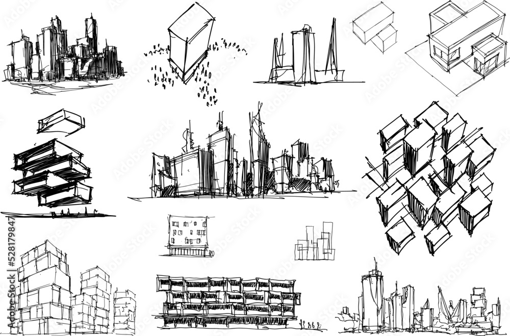 many hand drawn architectectural sketches of a modern architecture and ...