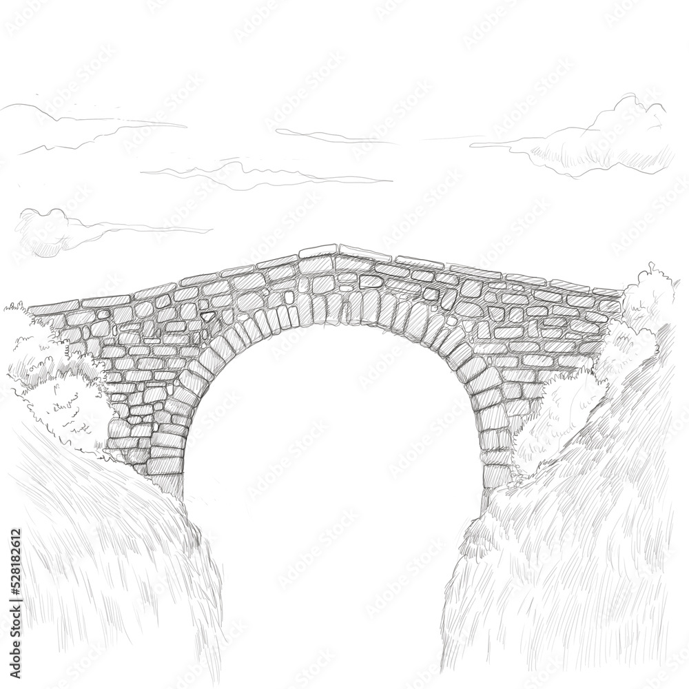 Charcoal drawing old stone bridge Stock Illustration | Adobe Stock