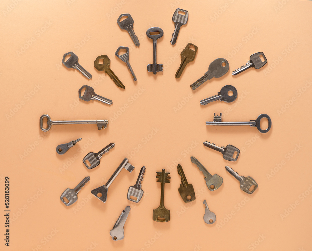 Key frame. Background from different old keys. view from above. Door ...