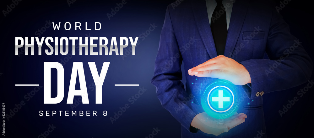 World Physiotherapy Day Background with Man holding glowing health sign. International ...