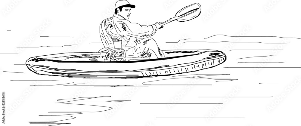 Man on Inflatable kayak boat outline sketch drawing, Kayak Sprint ...