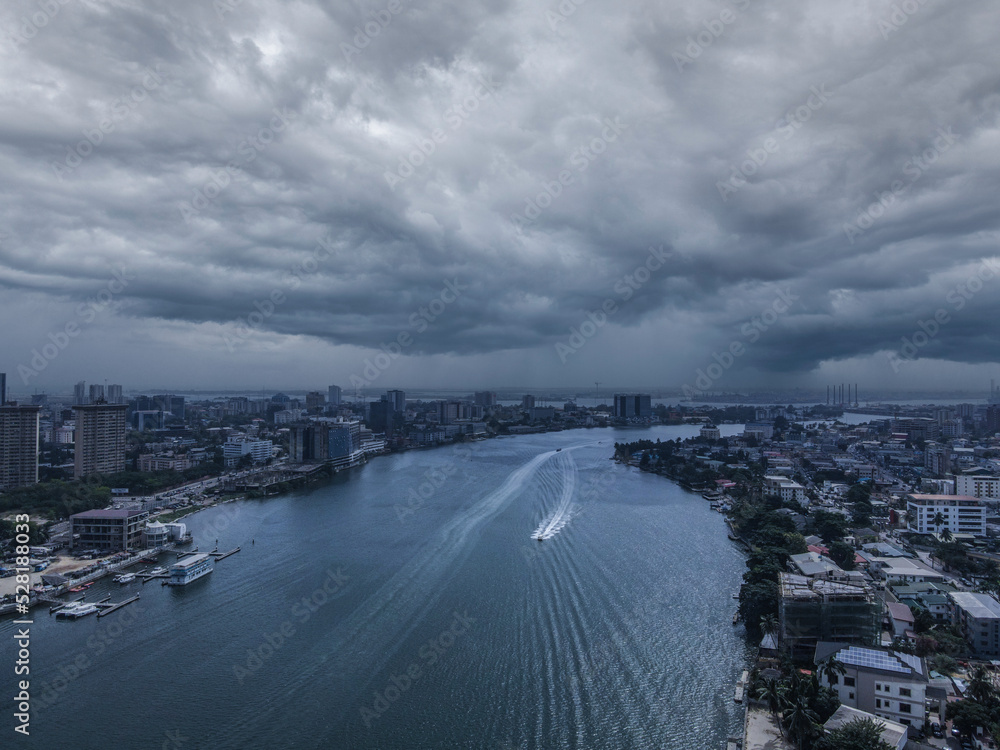 An aerial view of the city of Lagos showing the lagos Lagoon and its ...