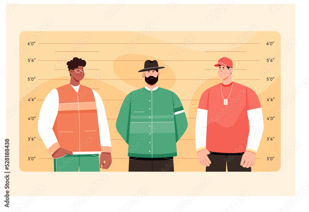 Police lineup of criminals and caught suspects with different height ...