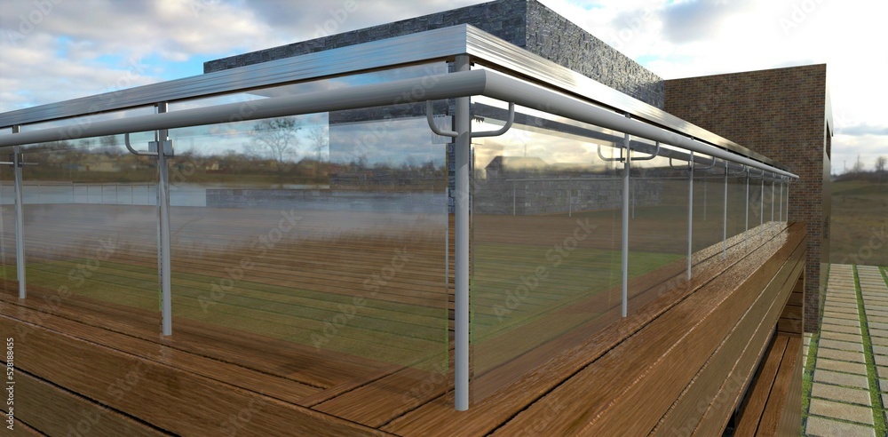 Fencing of the terrace of a modern private house, made of glass panels ...
