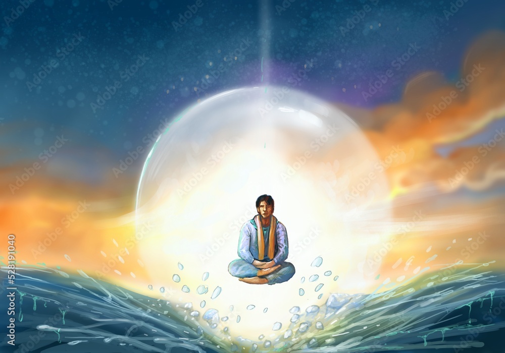 The man meditated, the figure floating above the split water surface ...