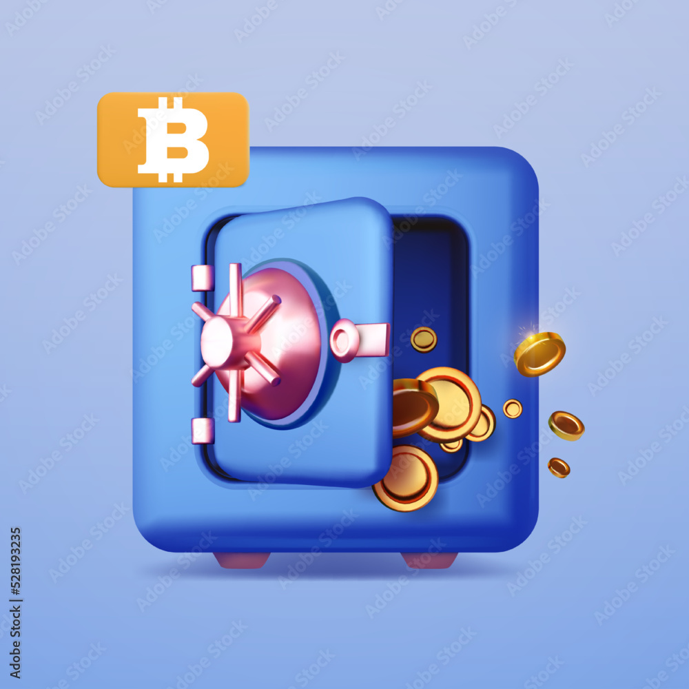 Bitcoin. 3D open safe box with flying golden coins. Money protection ...