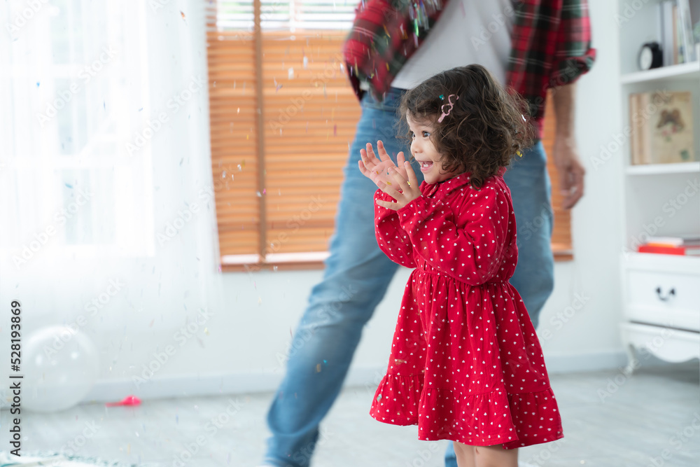 Portrait of cute little Latino kid girl wear red dress exciting with ...
