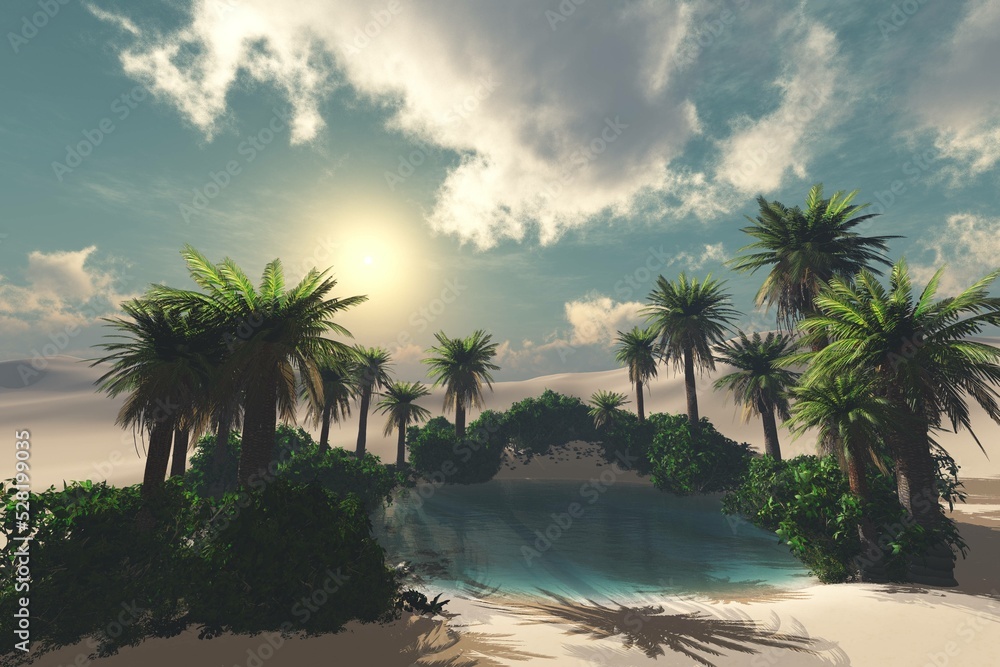 Oasis, body of water with palm trees in the sand desert at sunset, palm ...