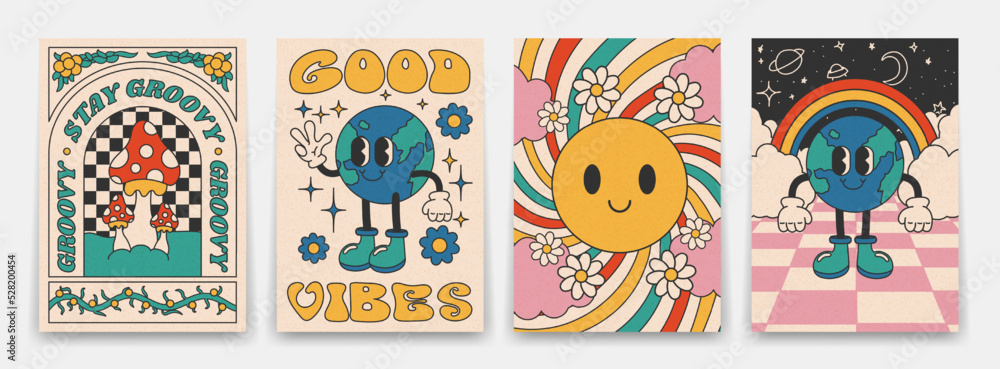 Bright groovy posters 70s. Retro poster with psychedelic mushrooms ...