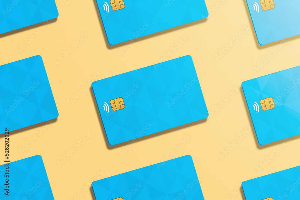 Pattern of realistic credit cards in light orange background. Credit ...