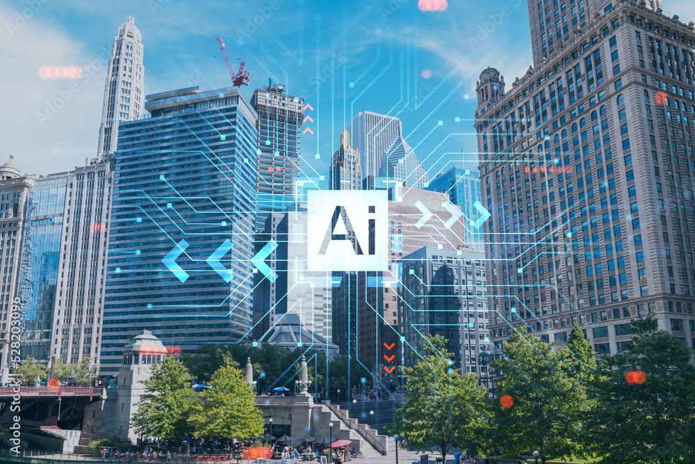 Panorama cityscape of Chicago downtown and Riverwalk, boardwalk with ...