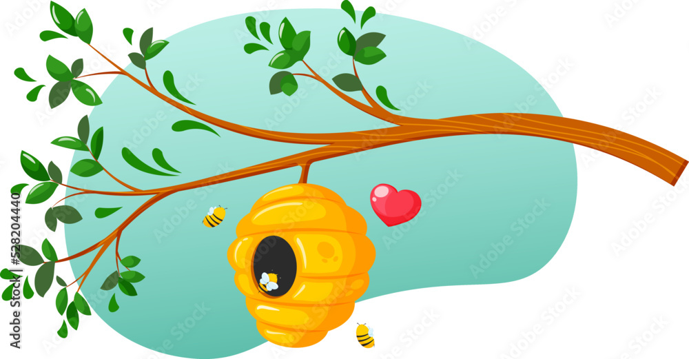 Round cartoon beehive on branch. Beautiful hive with bees and heart ...