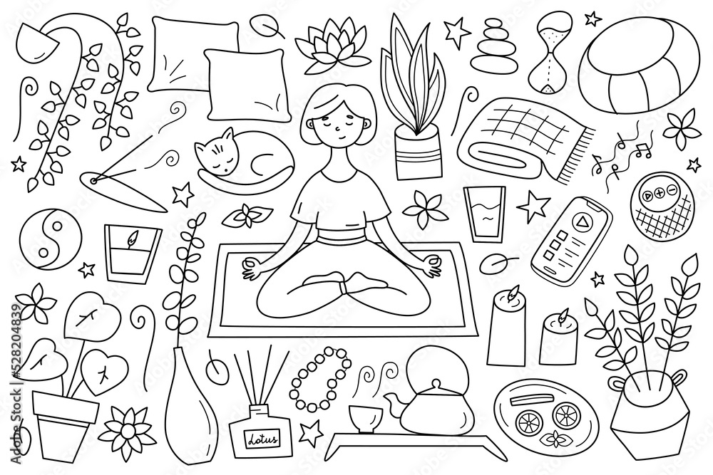 Doodle collection of meditation icons, girl meditating in lotus pose ...