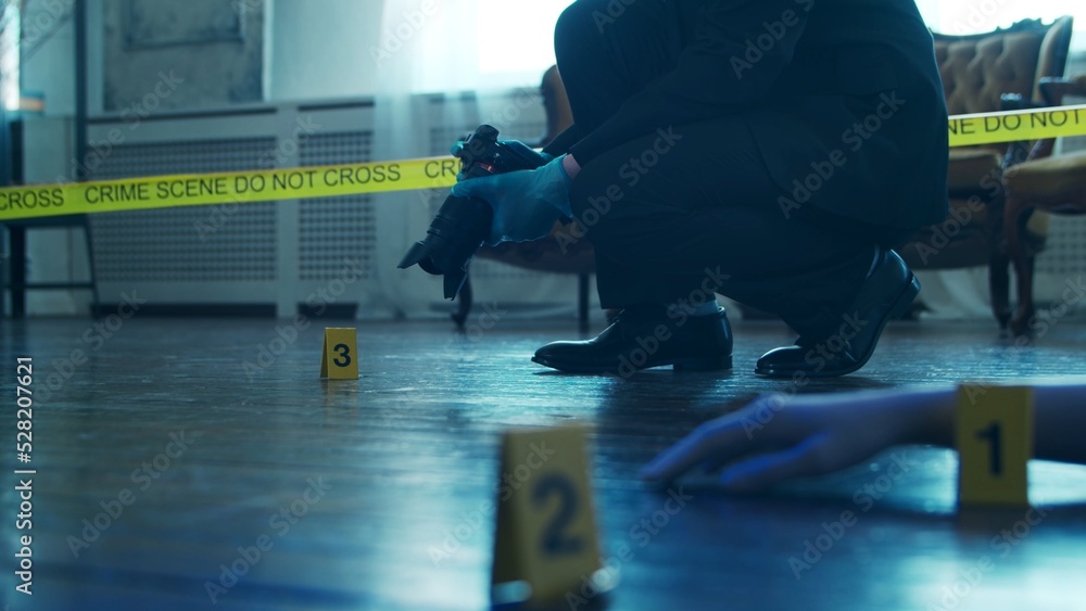 Detective Collecting Evidence in a Crime Scene. Forensic Specialists ...