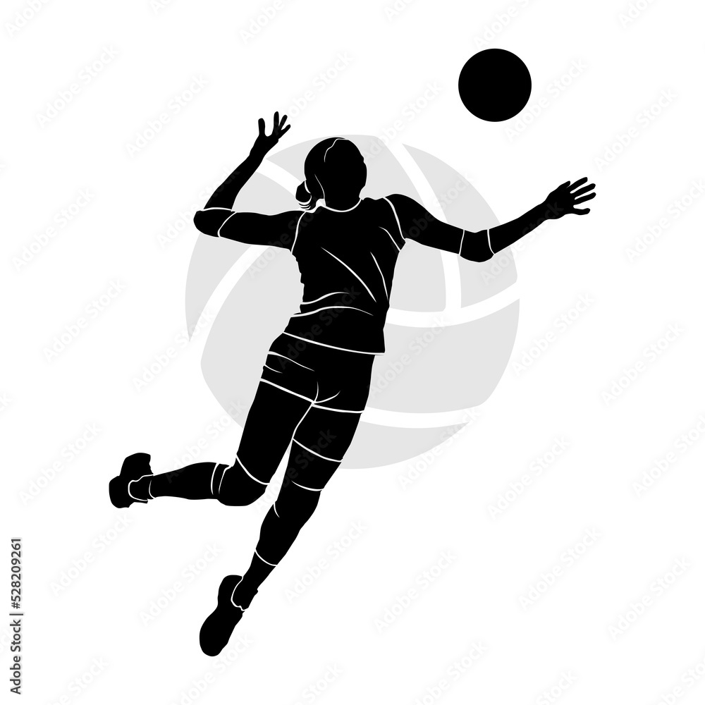 Silhouette of girl volleyball player jumping and hitting the ball ...