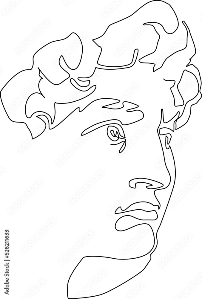 Mask of Michelangelo's David. Portrait of a young man. Continuous line ...