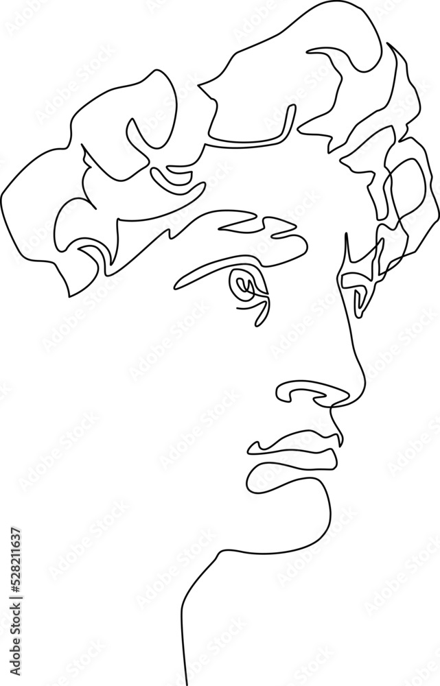 Mask of Michelangelo's David. Portrait of a young man. Continuous line ...